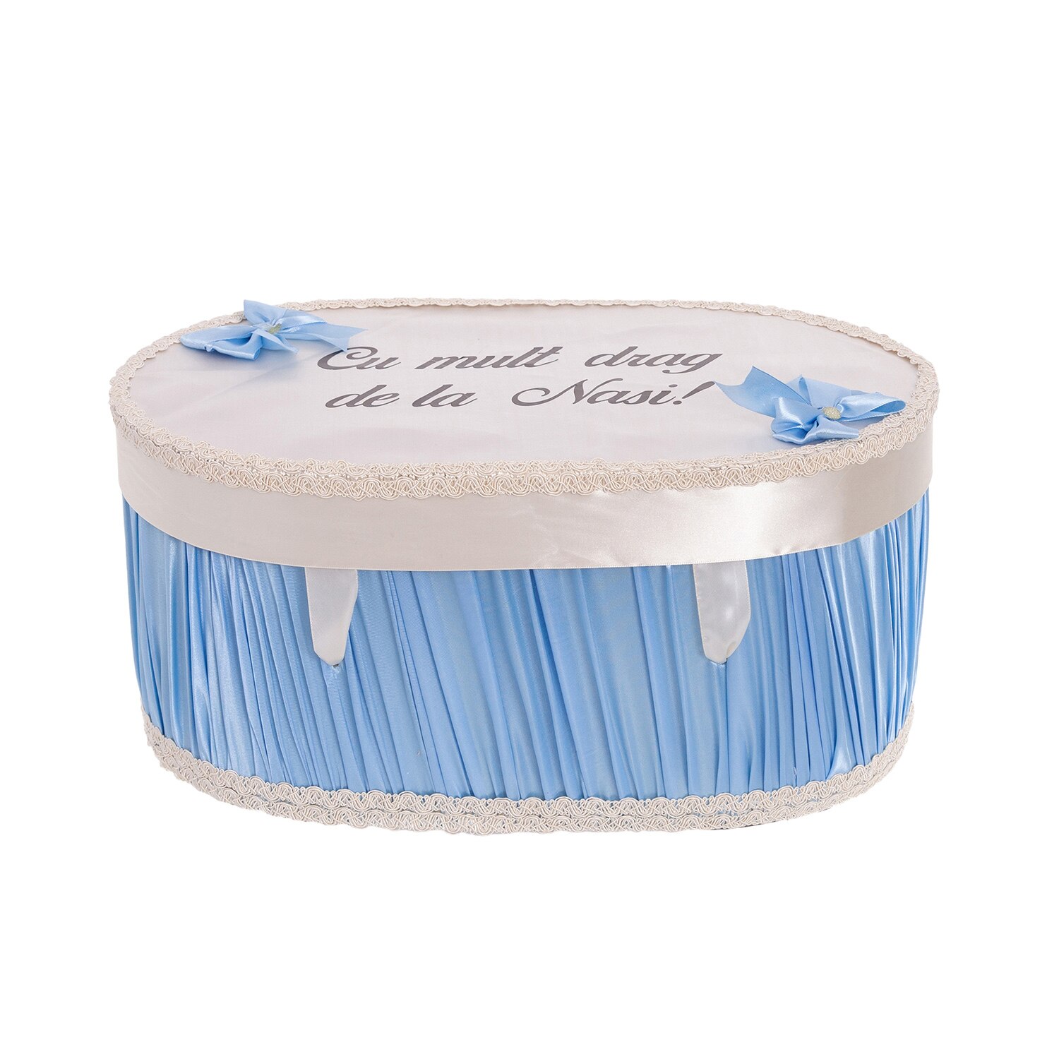 Cufar, cutie trusou botez personalizat, culoare turcoaz-alb, satin ...