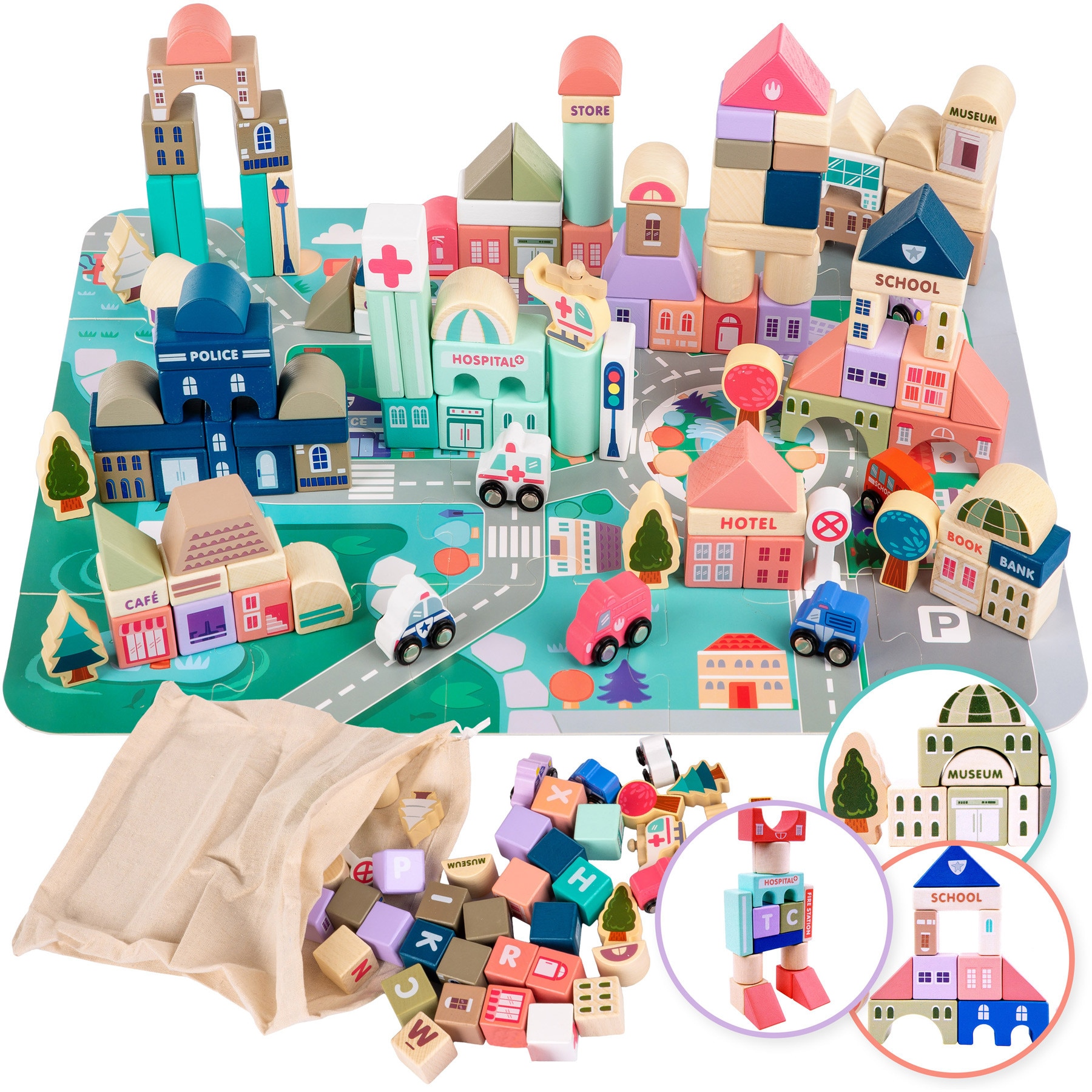 Set Constructie Cuburi din Lemn Natural 115 Piese "Oraselul din Lemn ...