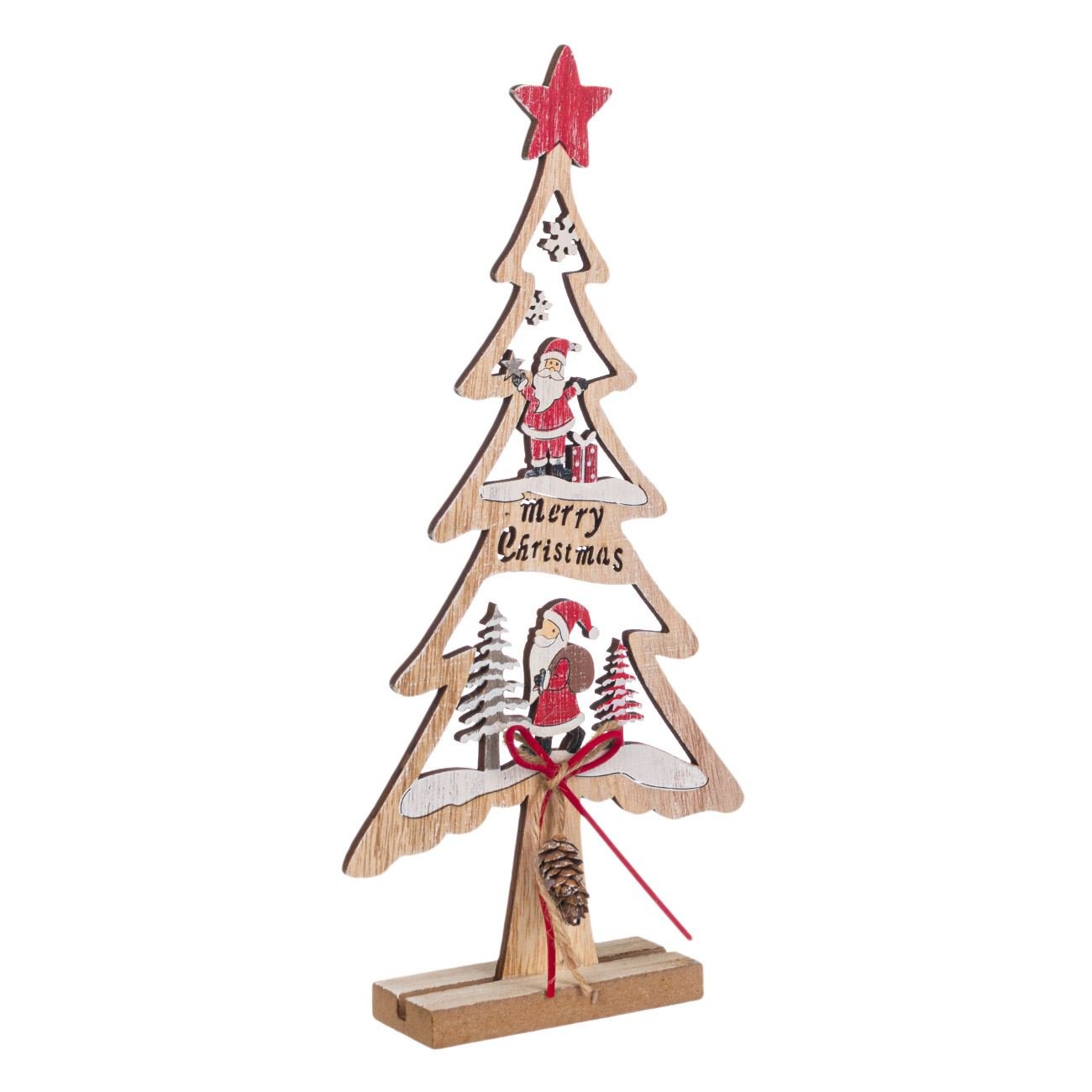 Brad lemn decorativ cu stea rosie si Mos Craciun, 30 cm - eMAG.ro