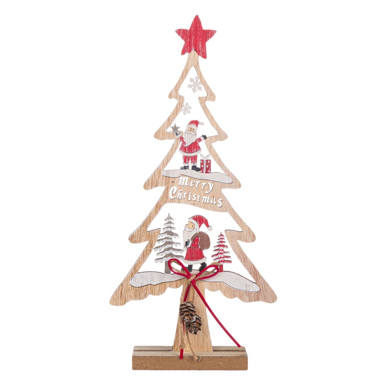 Brad lemn decorativ cu stea rosie si Mos Craciun, 30 cm - eMAG.ro