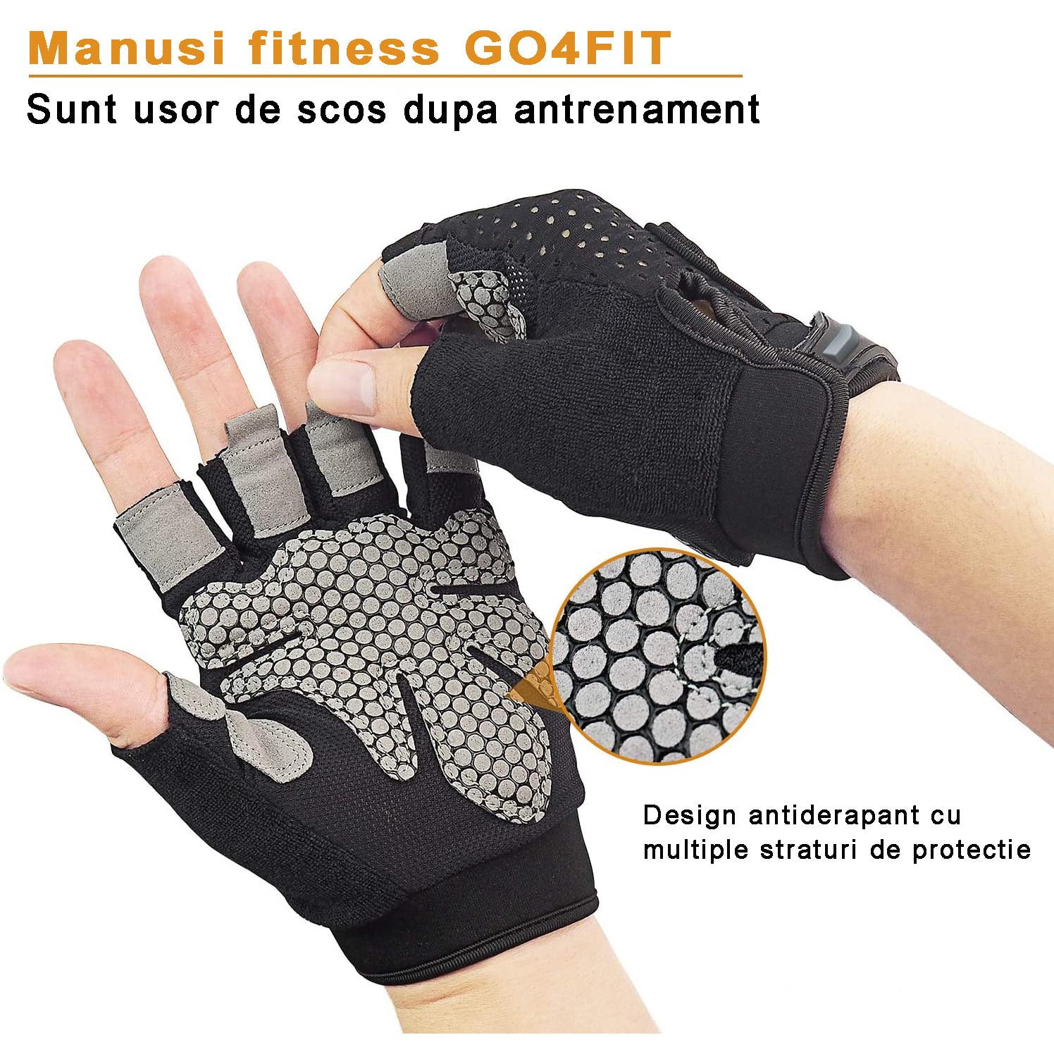 Manusi pentru fitness si sala, GO4FIT, din material respirabil, Negru ...
