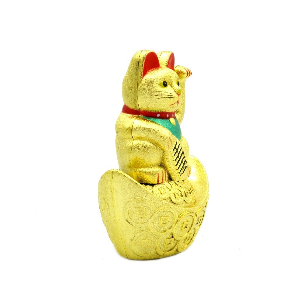 Figurina Qianjin Craft - Pisica norocoasa Maneki Neko cu Pepita - Aurie ...
