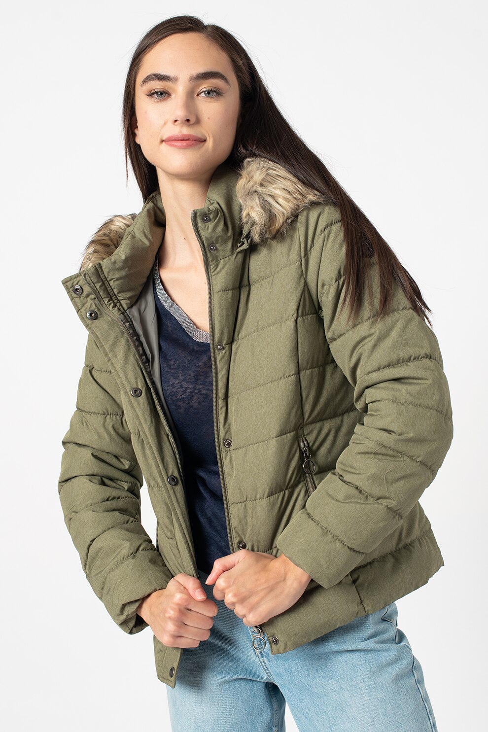 Only, Geaca matlasata cu vatelina si gluga Luna, Verde sparanghel, M ...