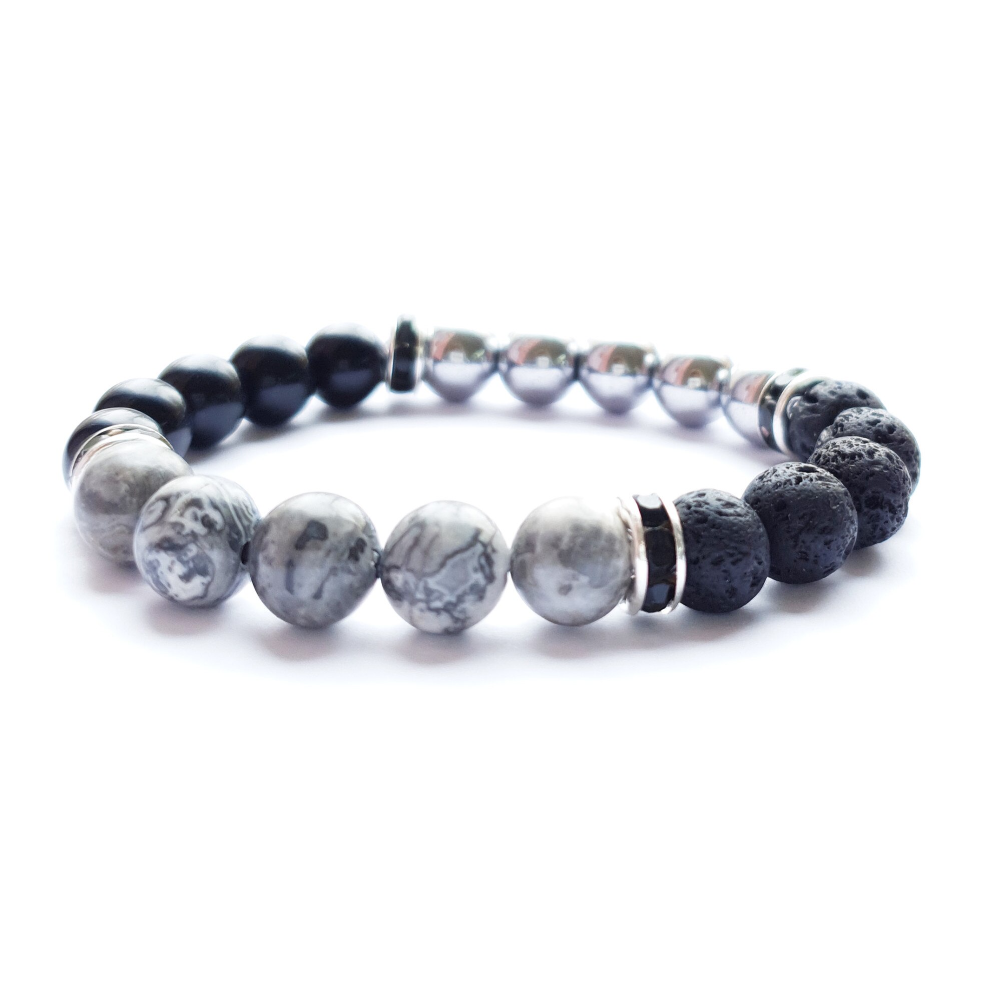 Bratara handmade cu hematit, piatra vulcanica, jadeit malay si jasp ...