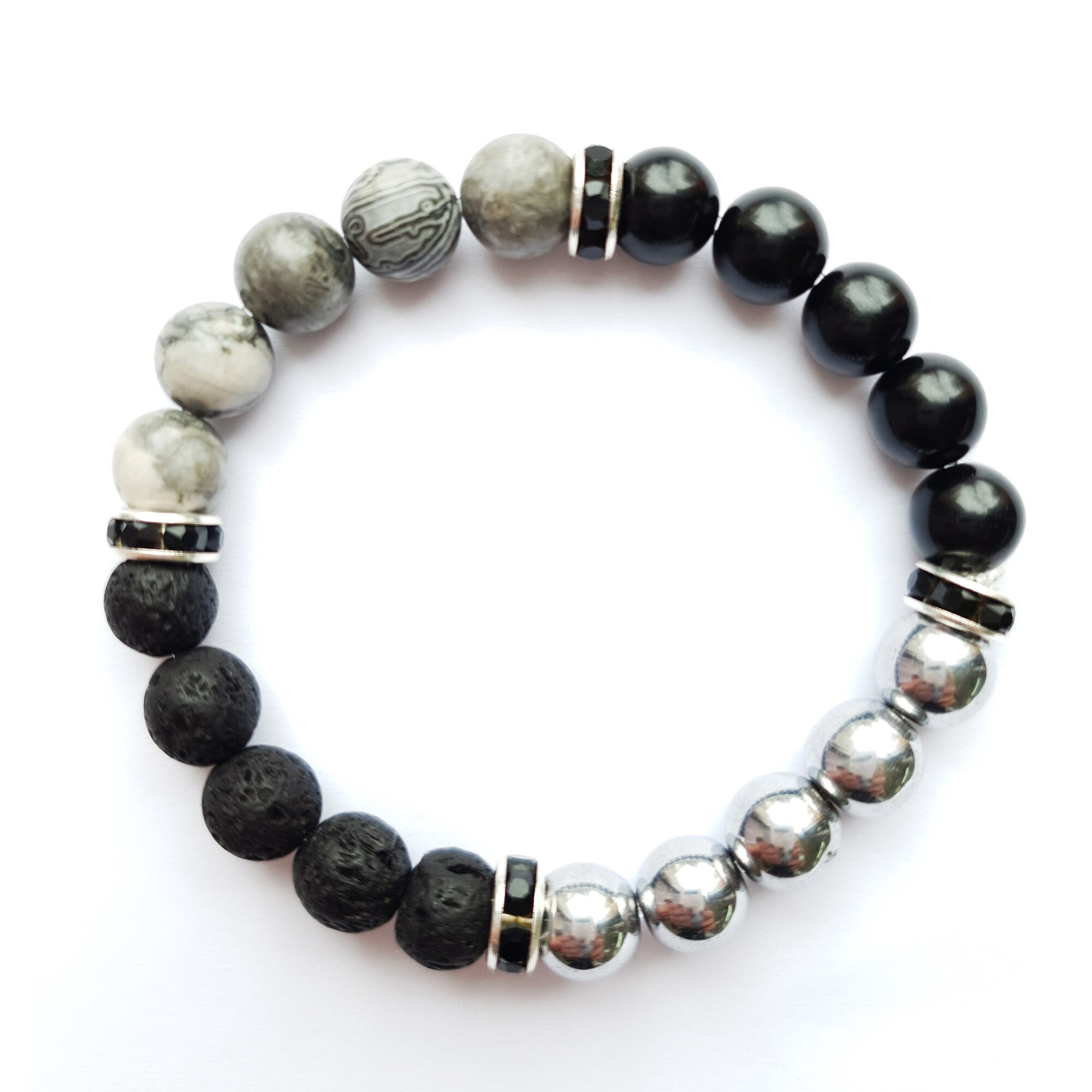 Bratara handmade cu hematit, piatra vulcanica, jadeit malay si jasp ...