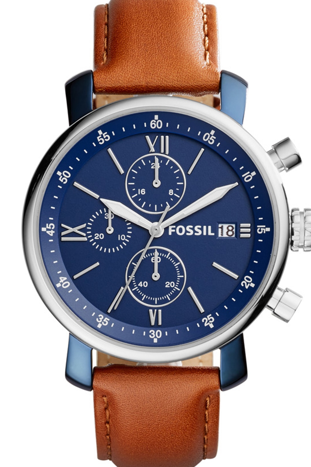 Fossil, Часовник с кожена каишка и хронограф, Канела/Сребрист - eMAG.bg