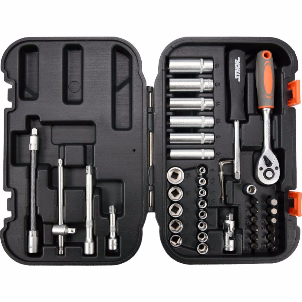 Set bituri si clichet, Sthor, Otel, 1/4", 42 bucati, Negru/Portocaliu ...