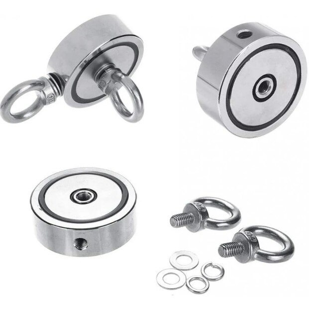 Magnet neodim oala D60 mm cu doua carlige inelare si doua fete 140KG ...