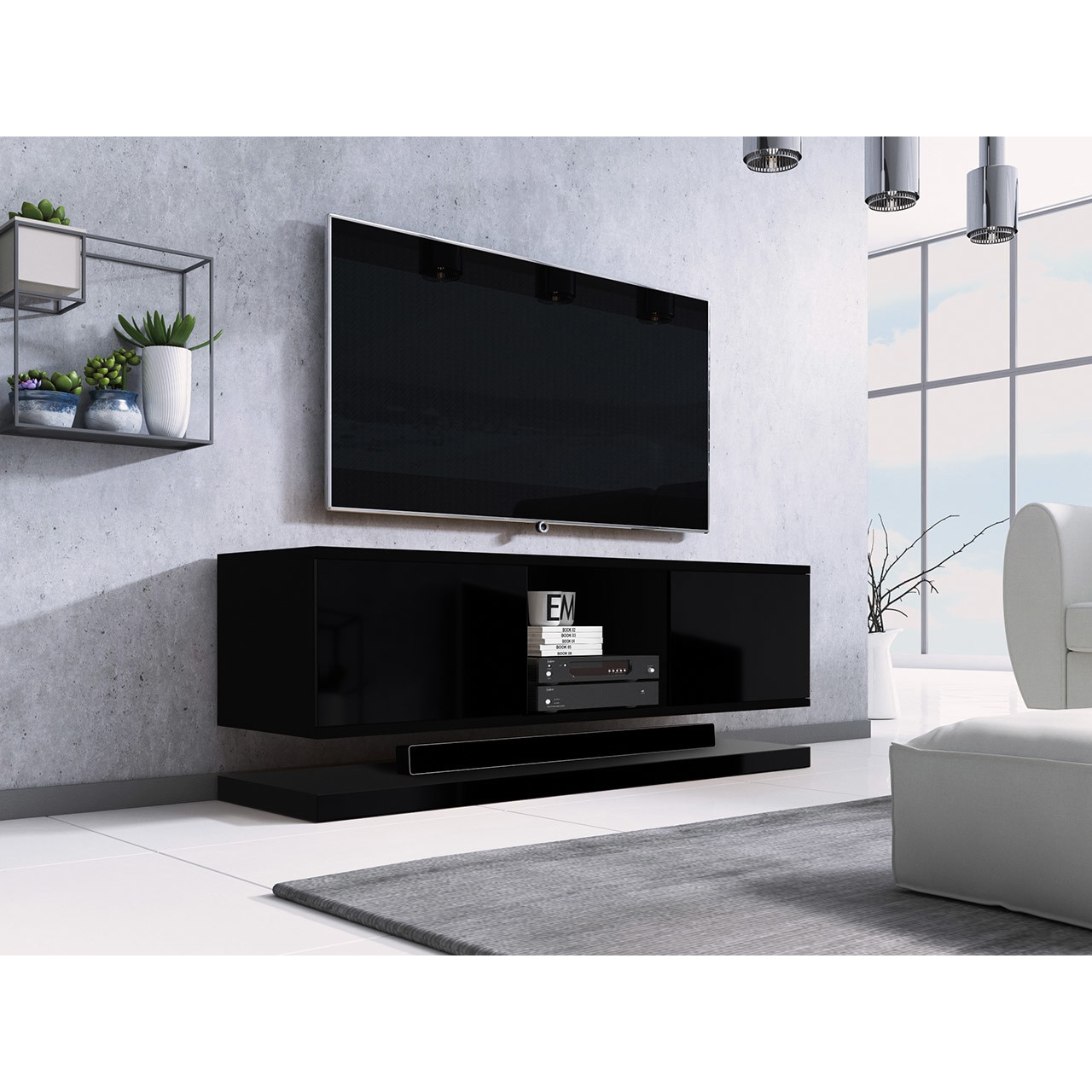 Comoda TV Manitoba, MIRJAN 24, negru/ negru lucios, 140x40x35 cm - eMAG.ro