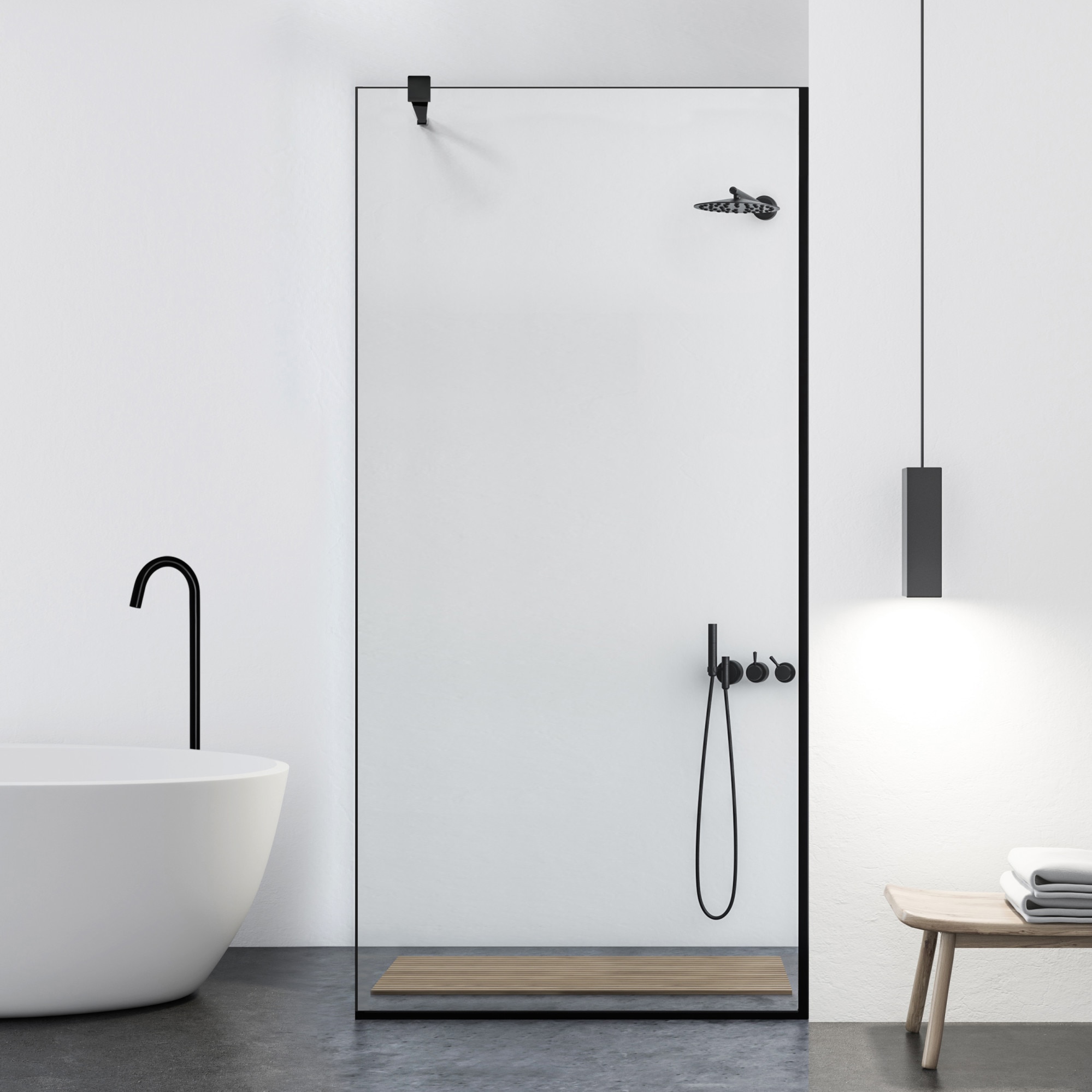 Paravan dus walk-in Aqua Class ® Black, feronerie full inox negru mat ...