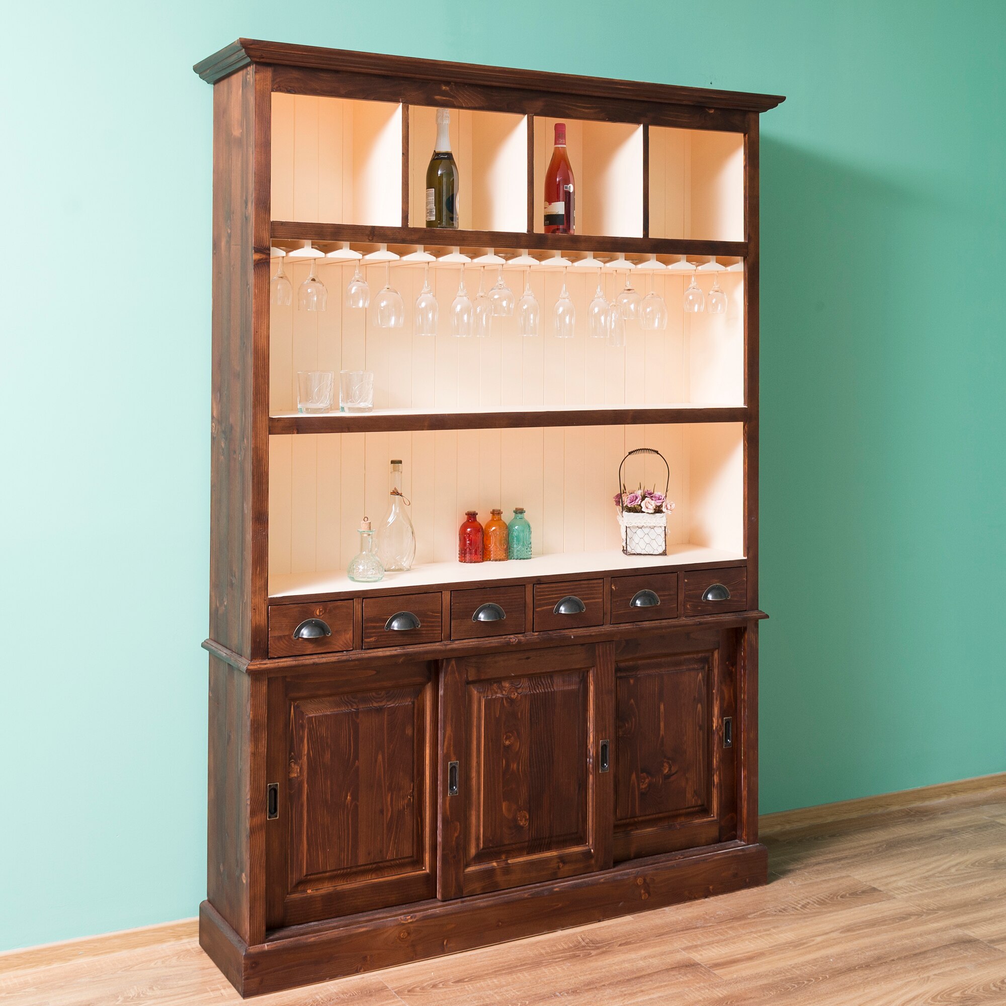 Mobila bar cu 3 usi, culoare exterior cires, culoare interior crem ...