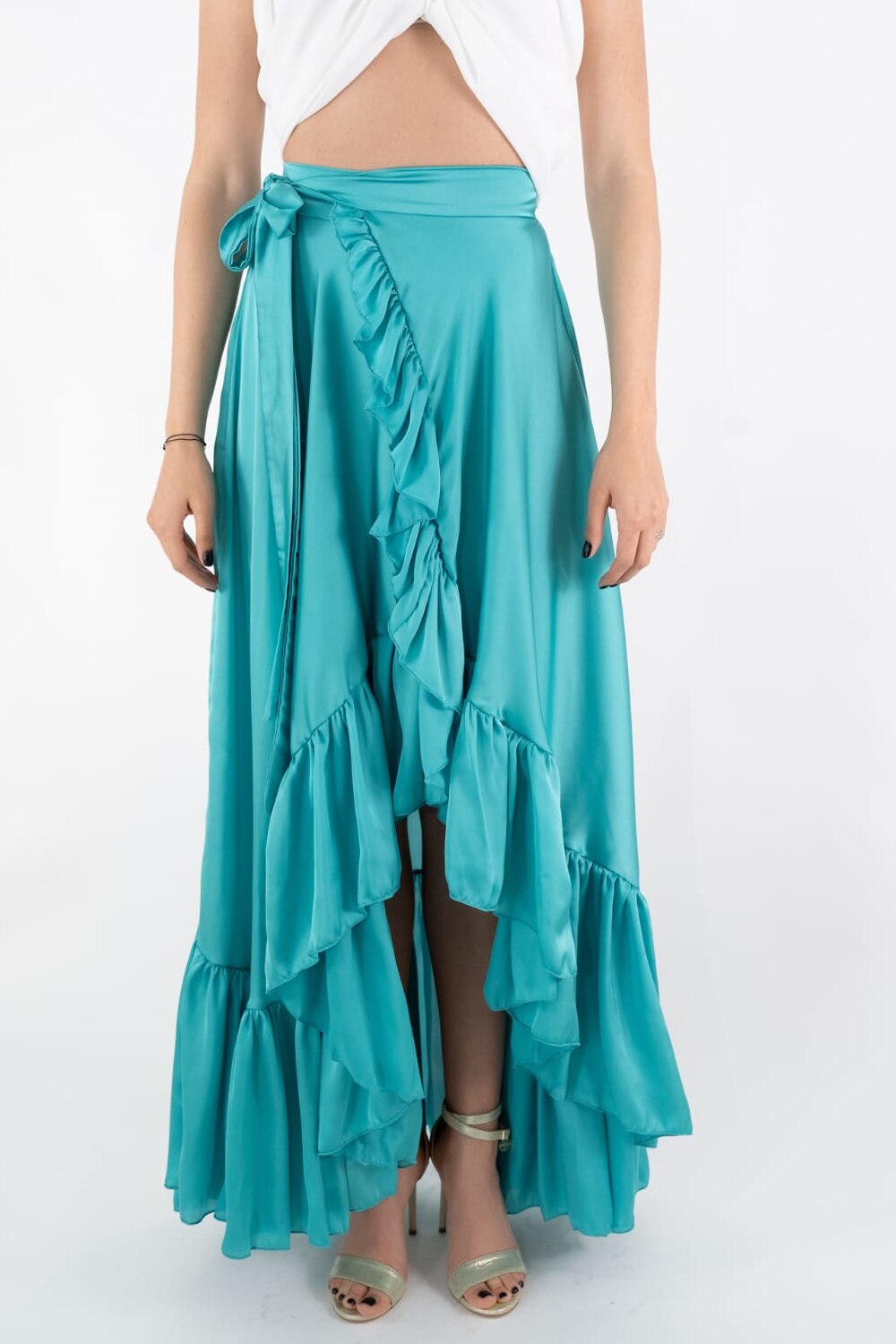 Fusta Dianthus, turcoaz, imitatie de matase, O'La La Outfits, 36 EU ...