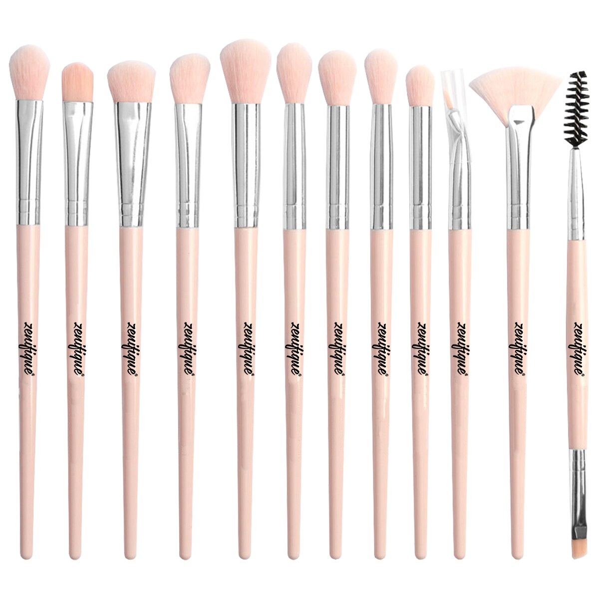 Set 12 pensule machiaj, zenifique, par sintetic, cu etui, maner roz ...