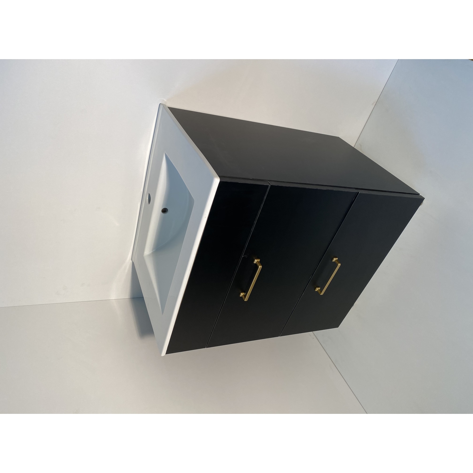 Mobilier baie MDF negru mat cu doua sertare si lavoar slim 60 cm ...