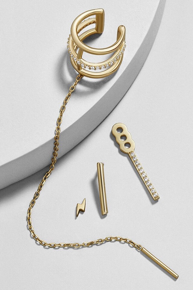 Set Cercel ear cuff eleganti, inel triplu cu cristale si lantisor ...