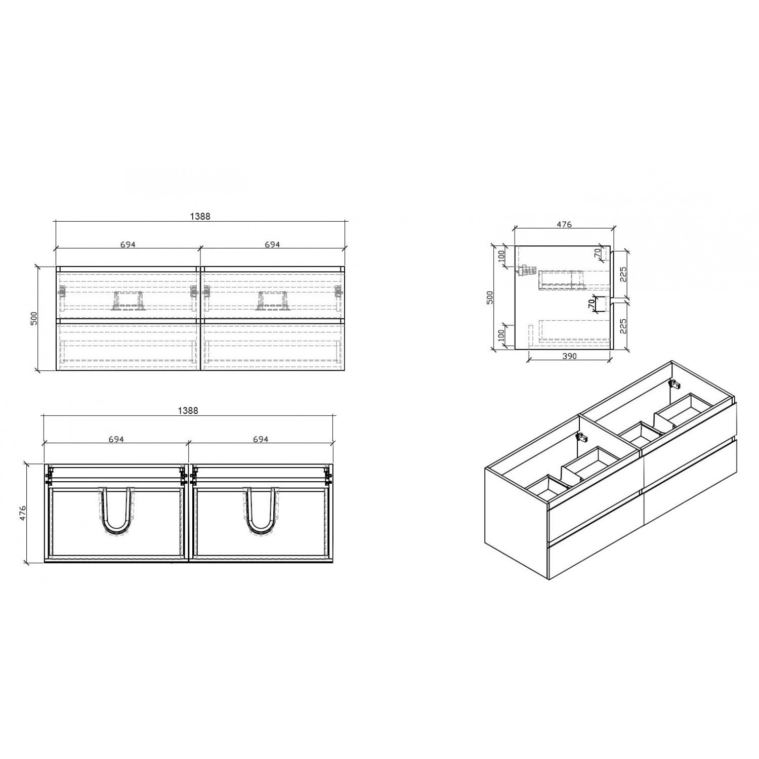 Set mobilier de baie cu lavoar dublu, Alb lucios,140 cm, fara maner ...