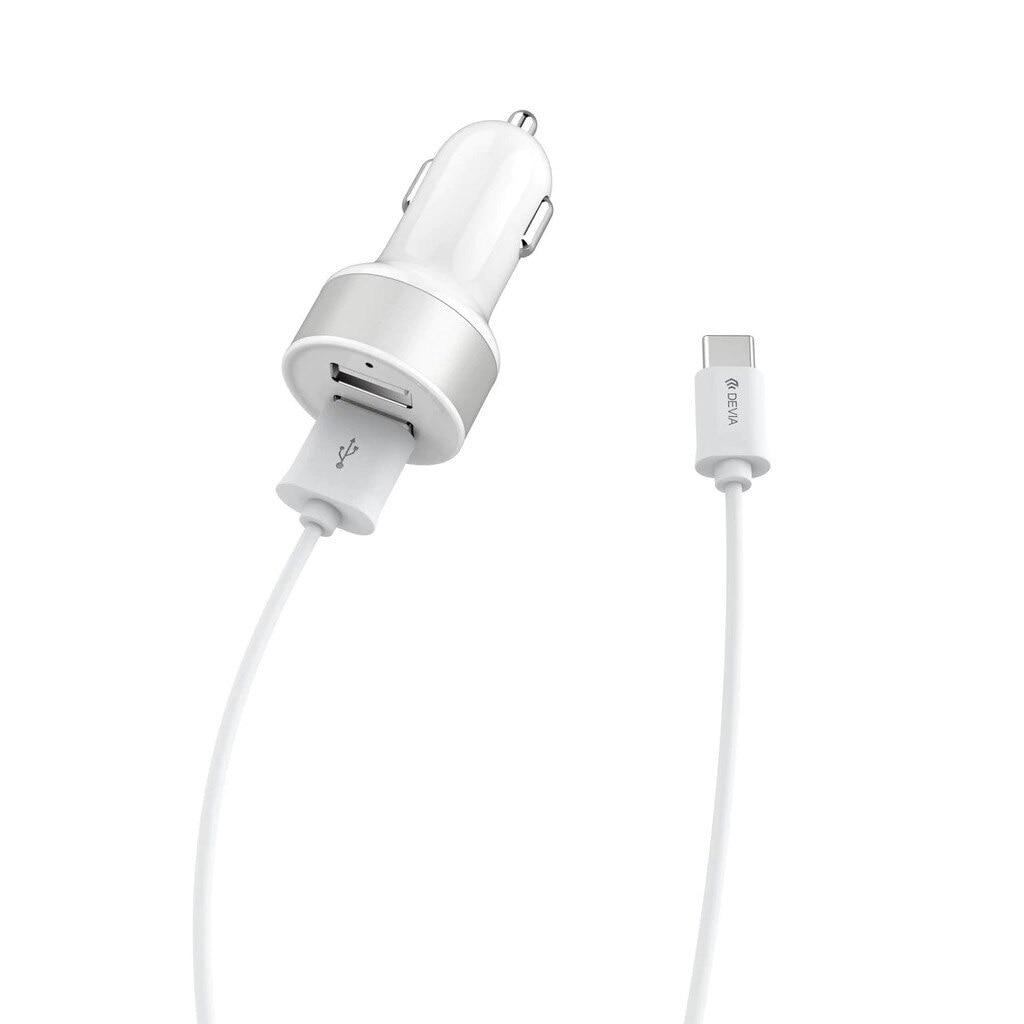 Set Incarcator auto telefon + Cablu de alimentare, Devia, 12 V, Alb ...