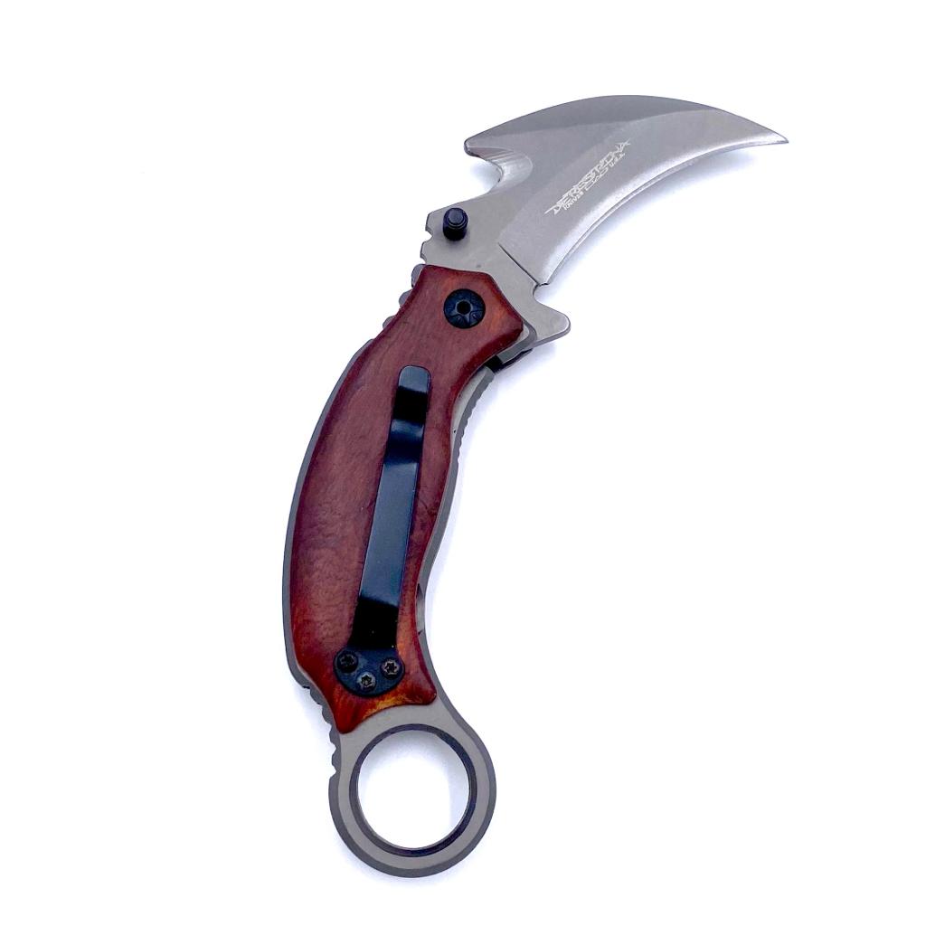 Cutit Karambit cu deschidere manuala, 18 cm, insertii de lemn - eMAG.ro