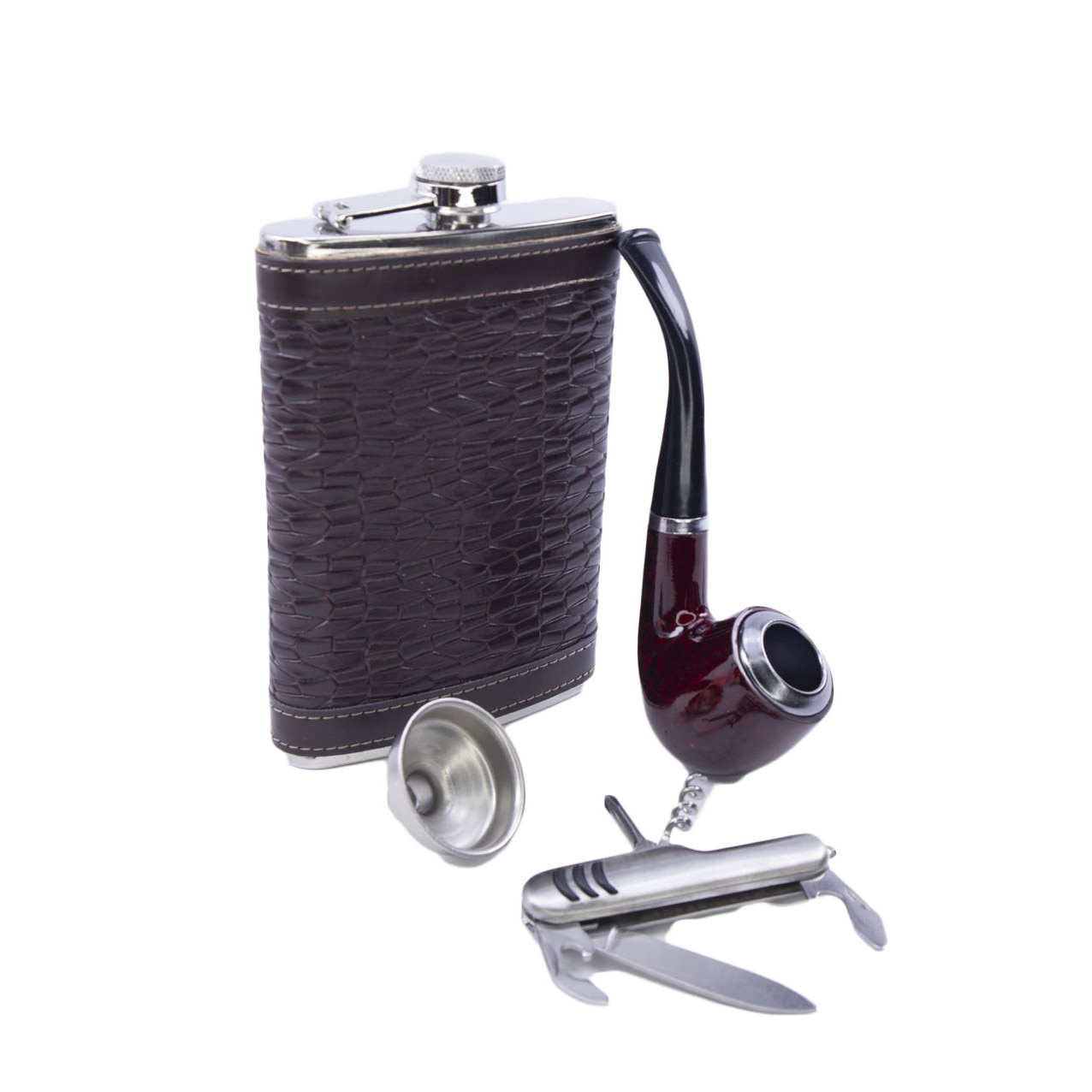 Set cadou plosca metalica cu pipa, desfacator si palnie,inox,250 ml ...