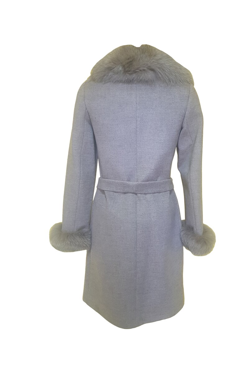 Palton dama lung din Casmir cu brosa, guler si manseta cu blana Donna ...
