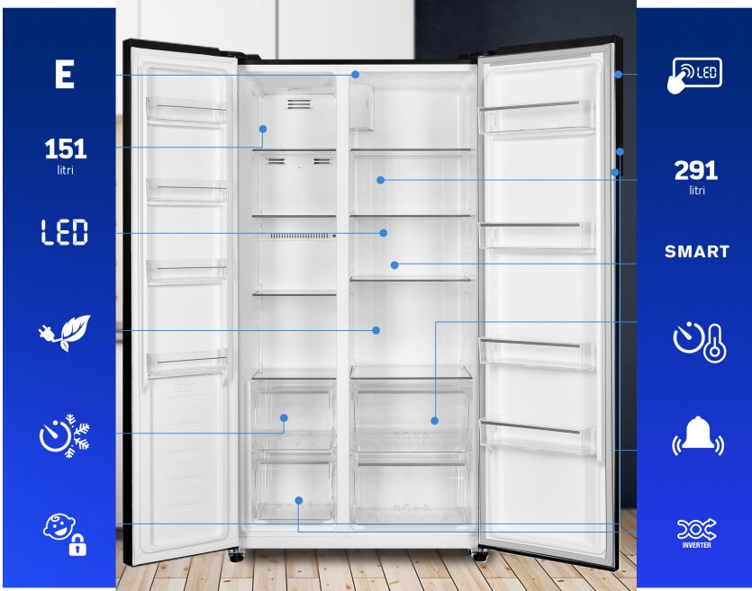 Side by Side Heinner HSBS-H442NFBKE++, 436 l, No Frost, Display ...