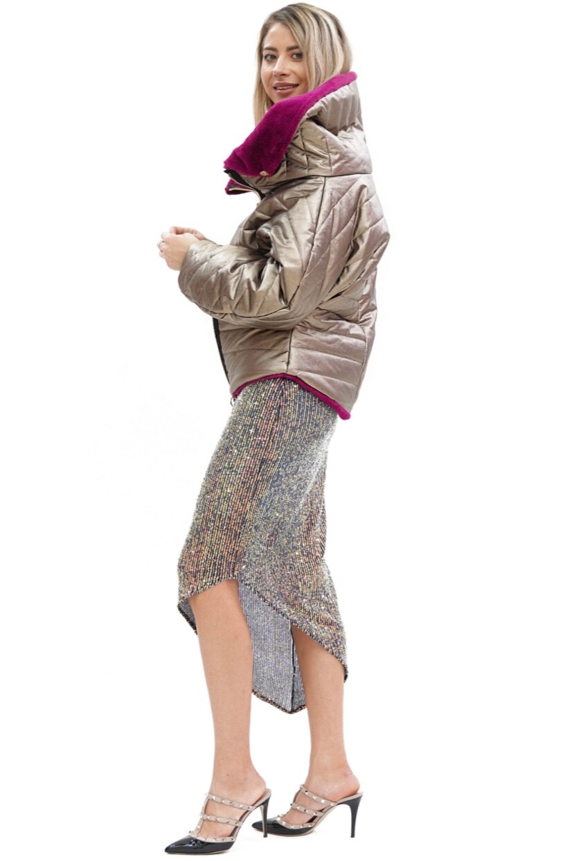 Geaca bomber scurta aurie cu blana violet, Inga Valerie, 38 EU - eMAG.ro