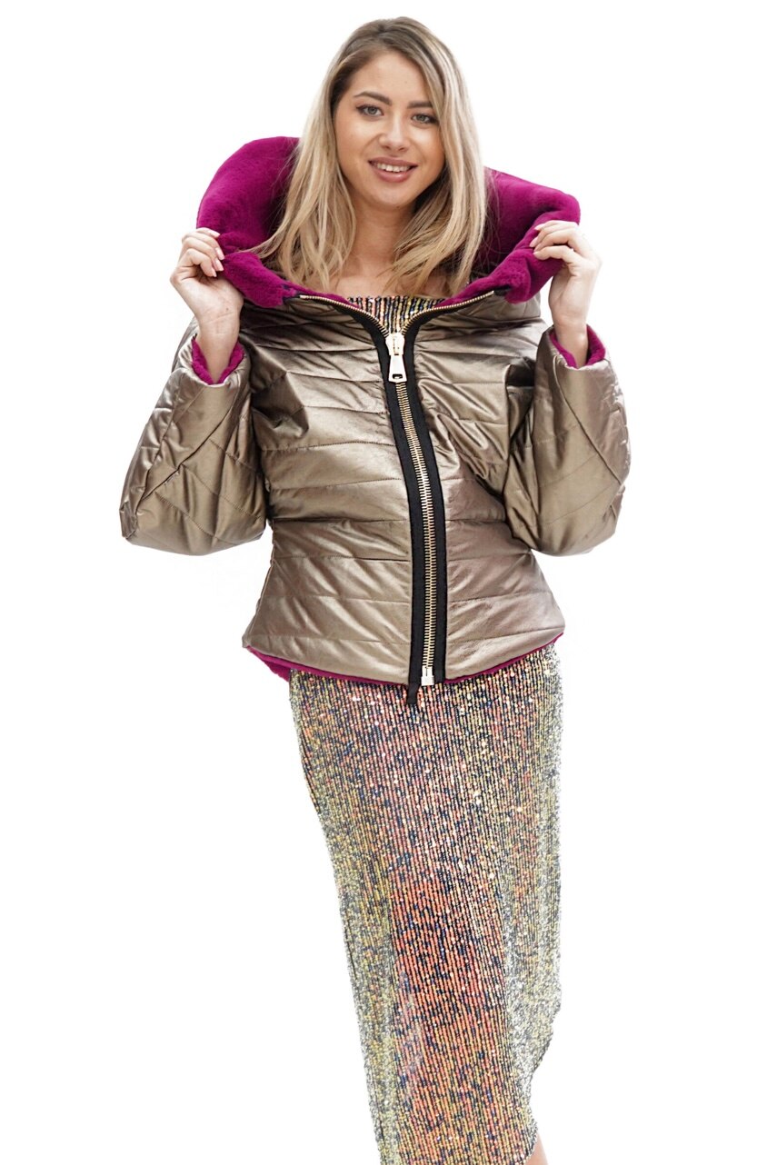 Geaca bomber scurta aurie cu blana violet, Inga Valerie, 38 EU - eMAG.ro