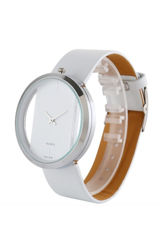 Ceas de dama cu bratara alba din piele ecologica si cadran transparent ...