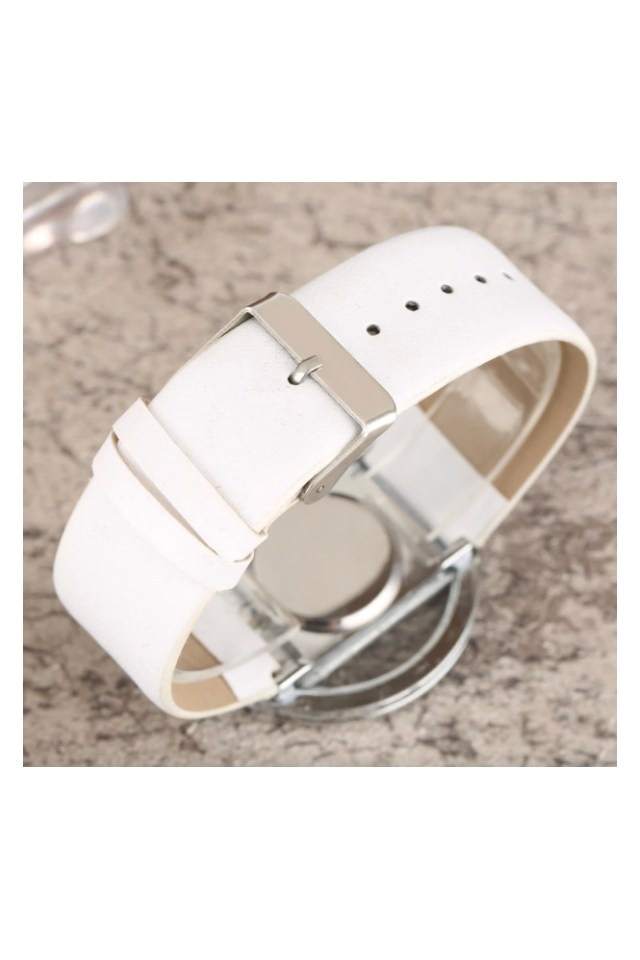 Ceas de dama cu bratara alba din piele ecologica si cadran transparent ...