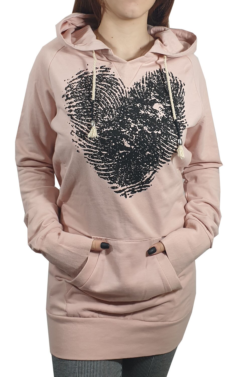 Hanorac dama FullStyle, roz cu imprimeu inima neagra, M - eMAG.ro