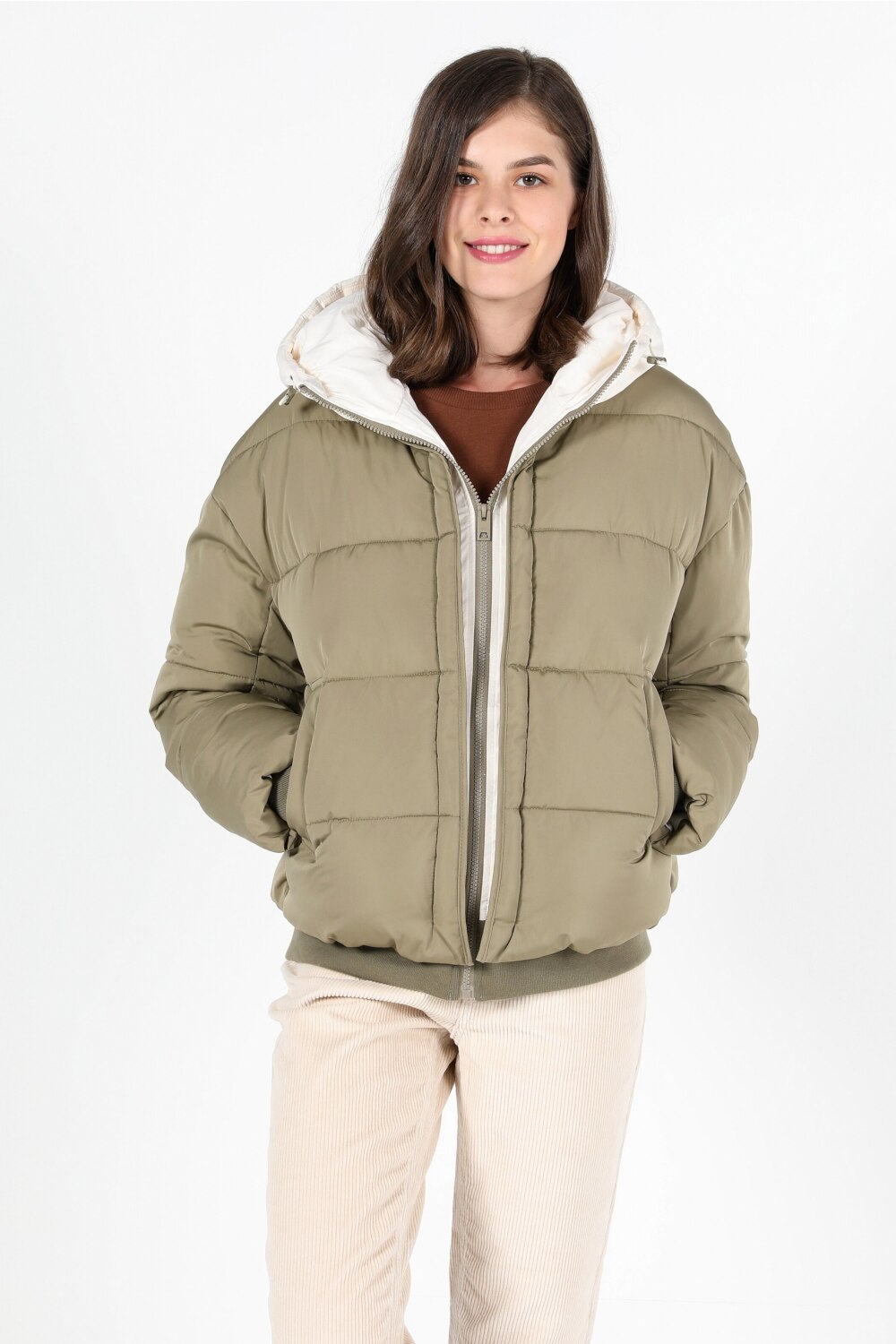 Geaca scurta dama, COLIN'S, Regular Fit, gluga fixa, Kaki deschis - eMAG.ro