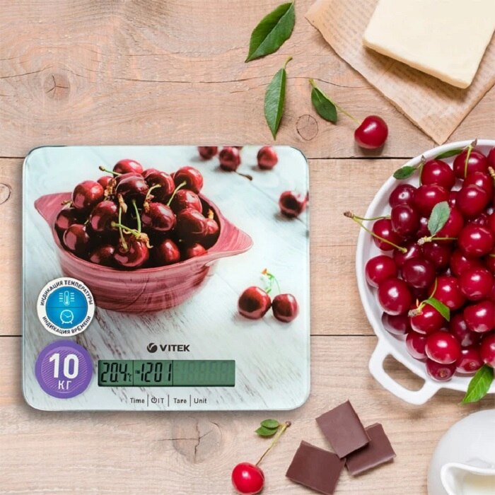 VITEK VT-8002 konyhai mérleg, 10kg, biztonsági üveg, óra, hőmérséklet jelző, TARE funkció ...