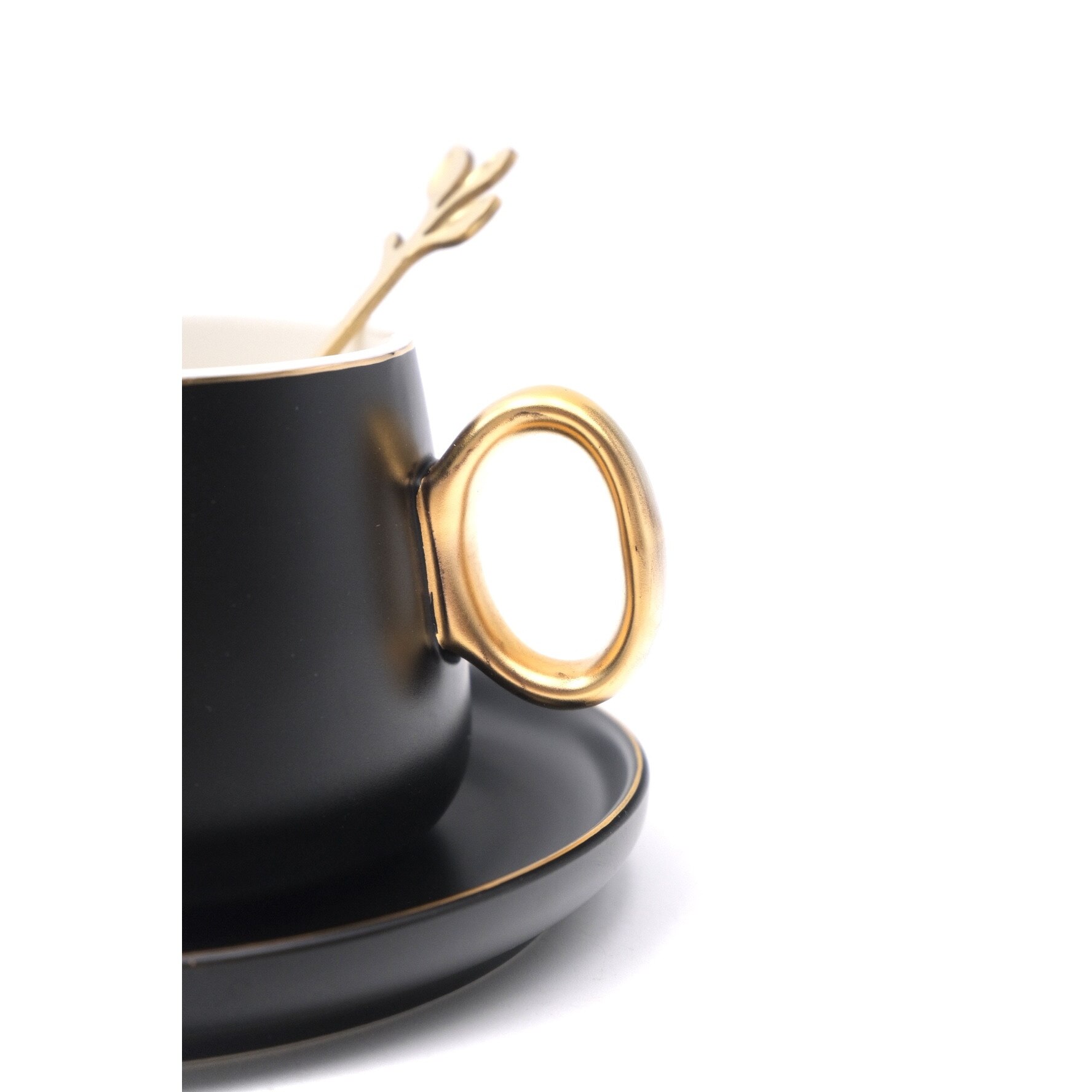 Set ceasca de cafea cu farfurie si lingurita, ceramica, negru, 300 ml ...