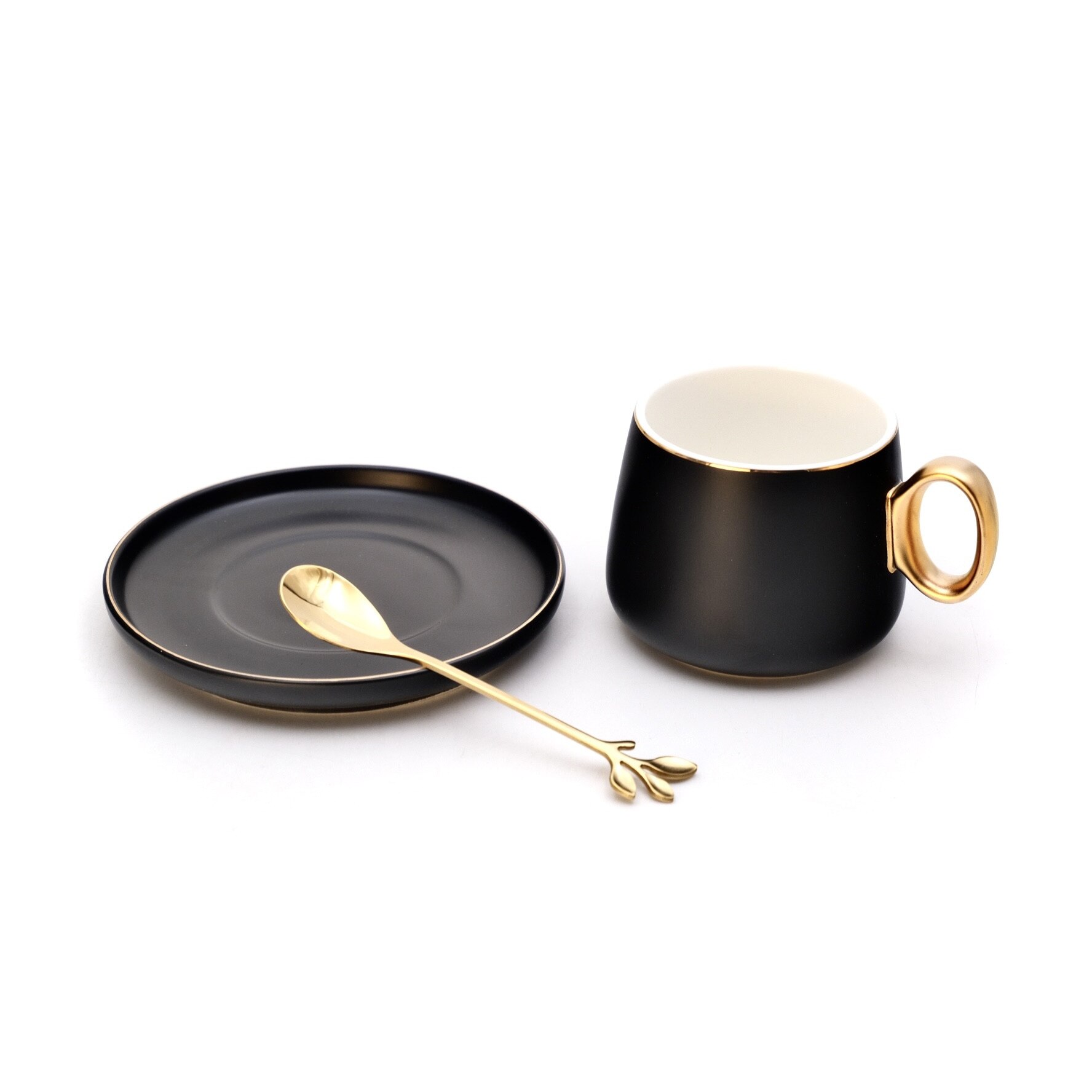 Set ceasca de cafea cu farfurie si lingurita, ceramica, negru, 300 ml ...