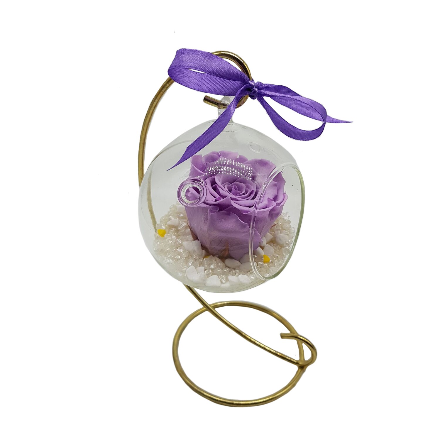 Glob de sticla pe suport metalic, cu trandafir criogenat mov, Crioflora ...