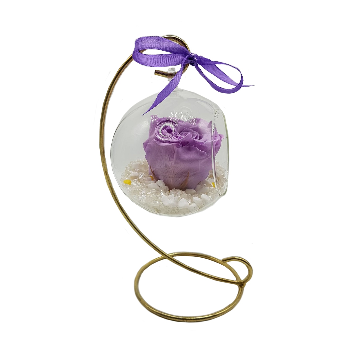 Glob de sticla pe suport metalic, cu trandafir criogenat mov, Crioflora ...