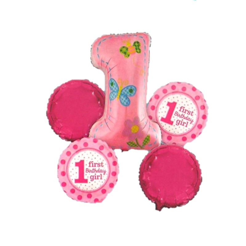 Set 5 baloane cifra 1 Aniversare 1 an roz cu fluturasi - eMAG.ro