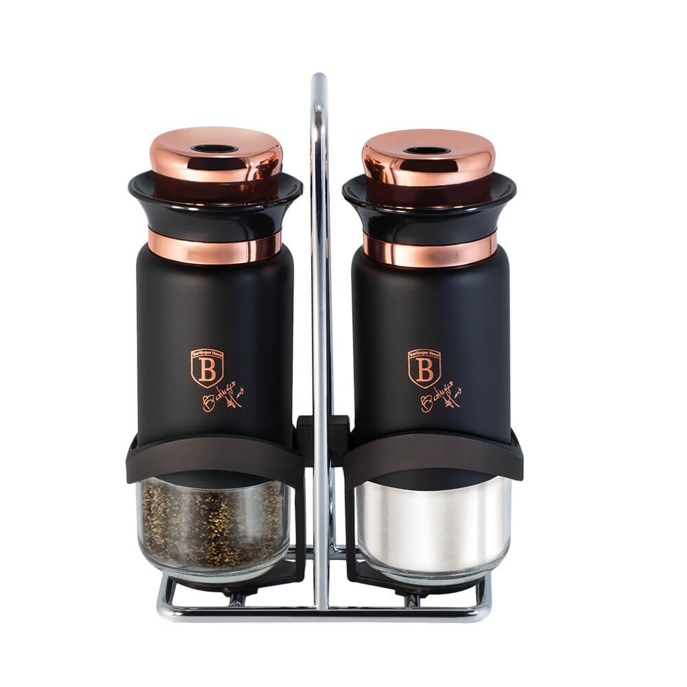 Set 2 recipiente pentru sare si piper 120 ml si suport din otel ...