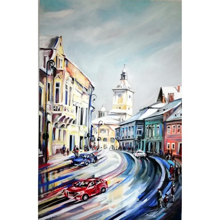 Tablou pictura pe panza “ Strada George Baritiu “acrillic artist Bobei ...