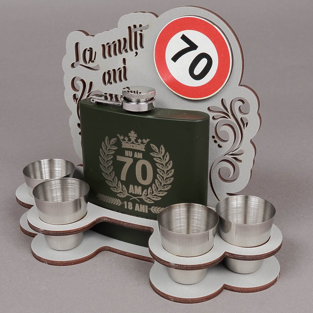 Set plosca cu 4 pahare din metal, pentru aniversarea de 70 de ani, 250 ...