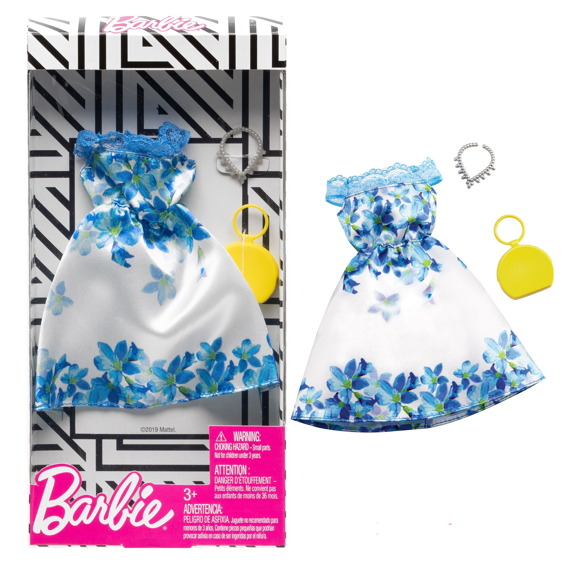 Set Mattel Barbie rochie alba cu flori albastre, geanta si colier, 3 ...