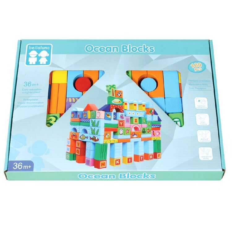 Дървени строителни блокчета, 100 броя, Ocean Blocks - eMAG.bg