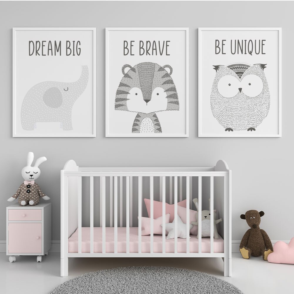 Set 3 tablouri camera copii, Stickermania, Animale simpatice 8, rama ...