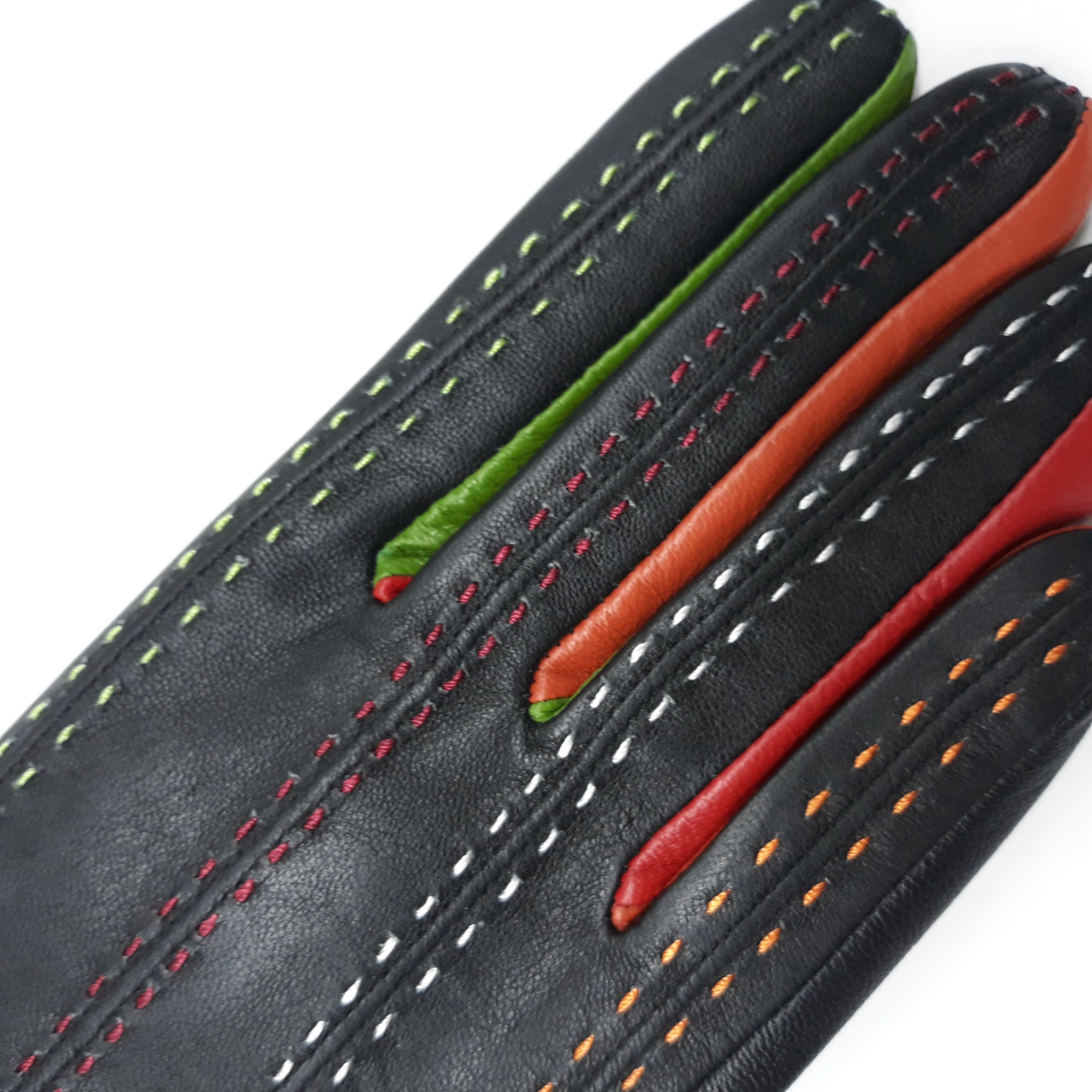 Manusi dama, din piele naturala, negru, cusaturi colorate, marimea M ...