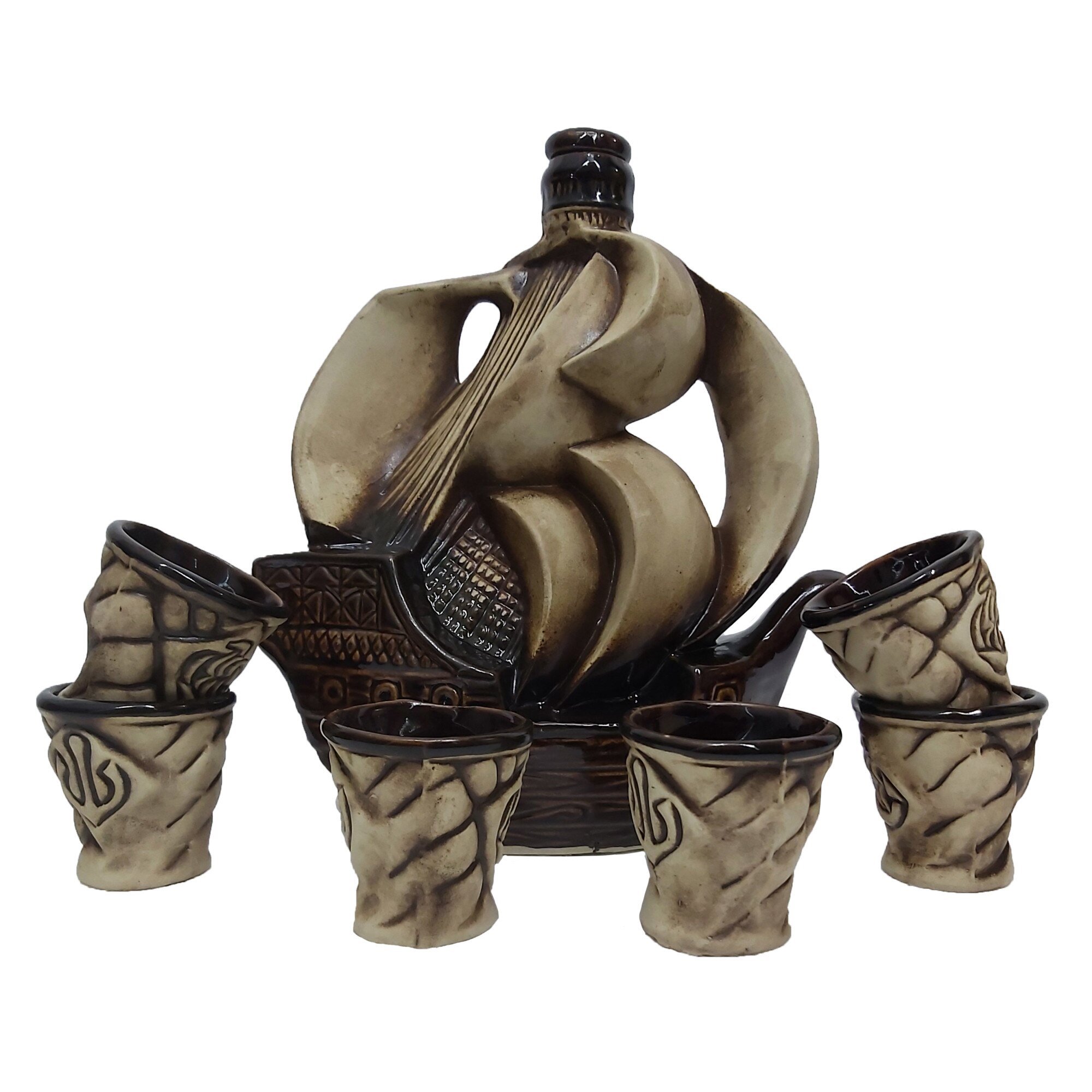 Set serviciu tuica cu 6 pahare, model corabie, negru/alb, 1.7 l, 6 ...