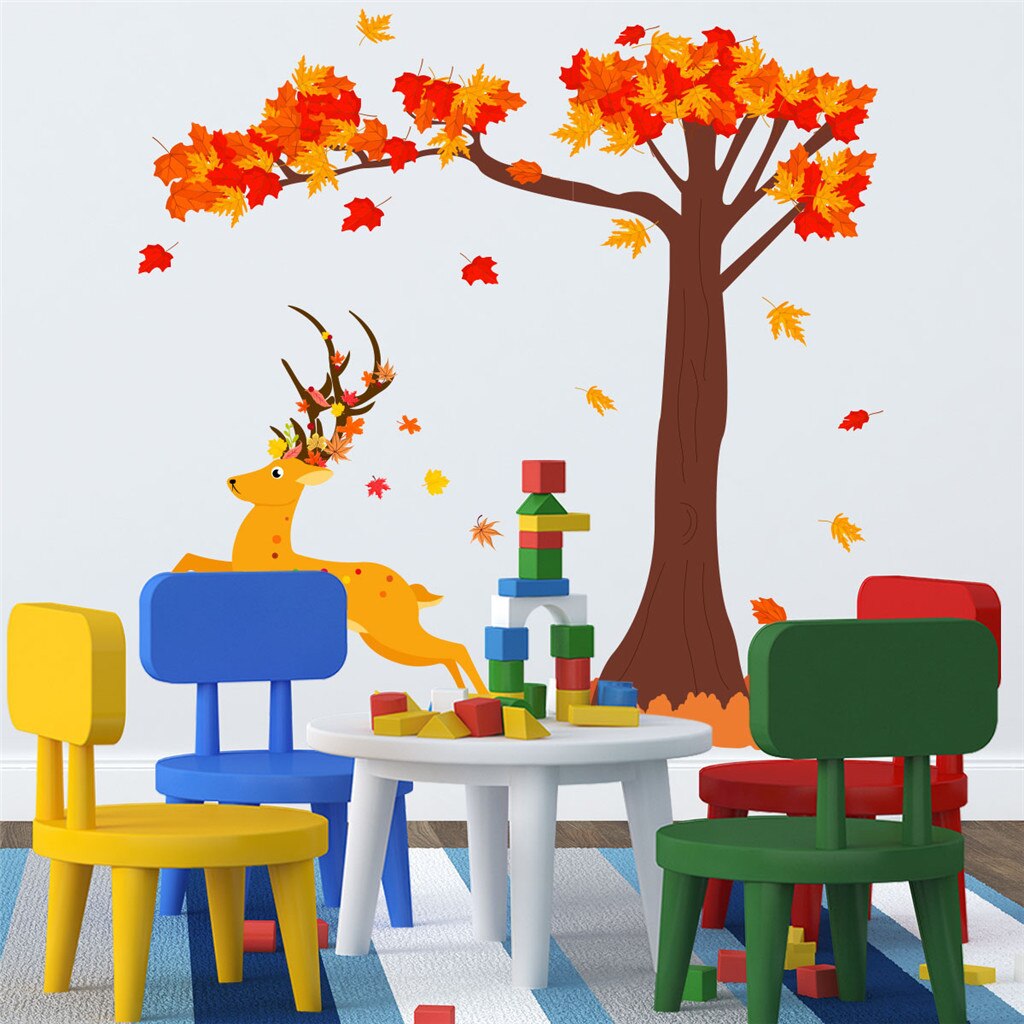 Sticker autocolant de perete, model Cerb si copac cu frunze cazatoare ...