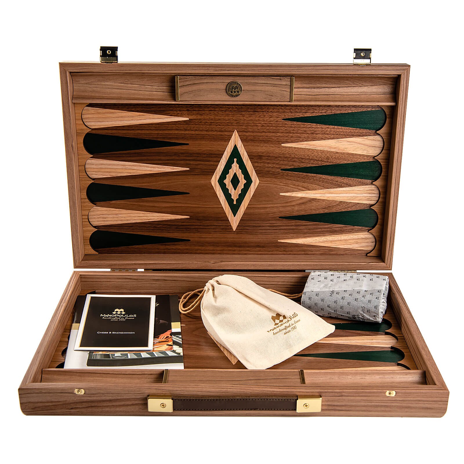 Set joc table / backgammon Walnut cu insertii verzi, cu maner si suport ...