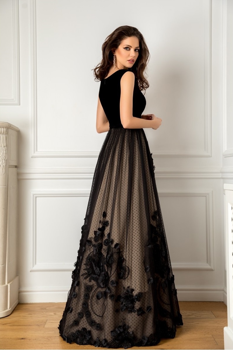 Rochie lunga cu bustul din catifea si fusta cu broderie 3D, Mirandi ...