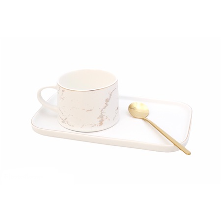 Set cana de cafea cu tavita lunga si lingurita, 300 ml, alb - eMAG.ro