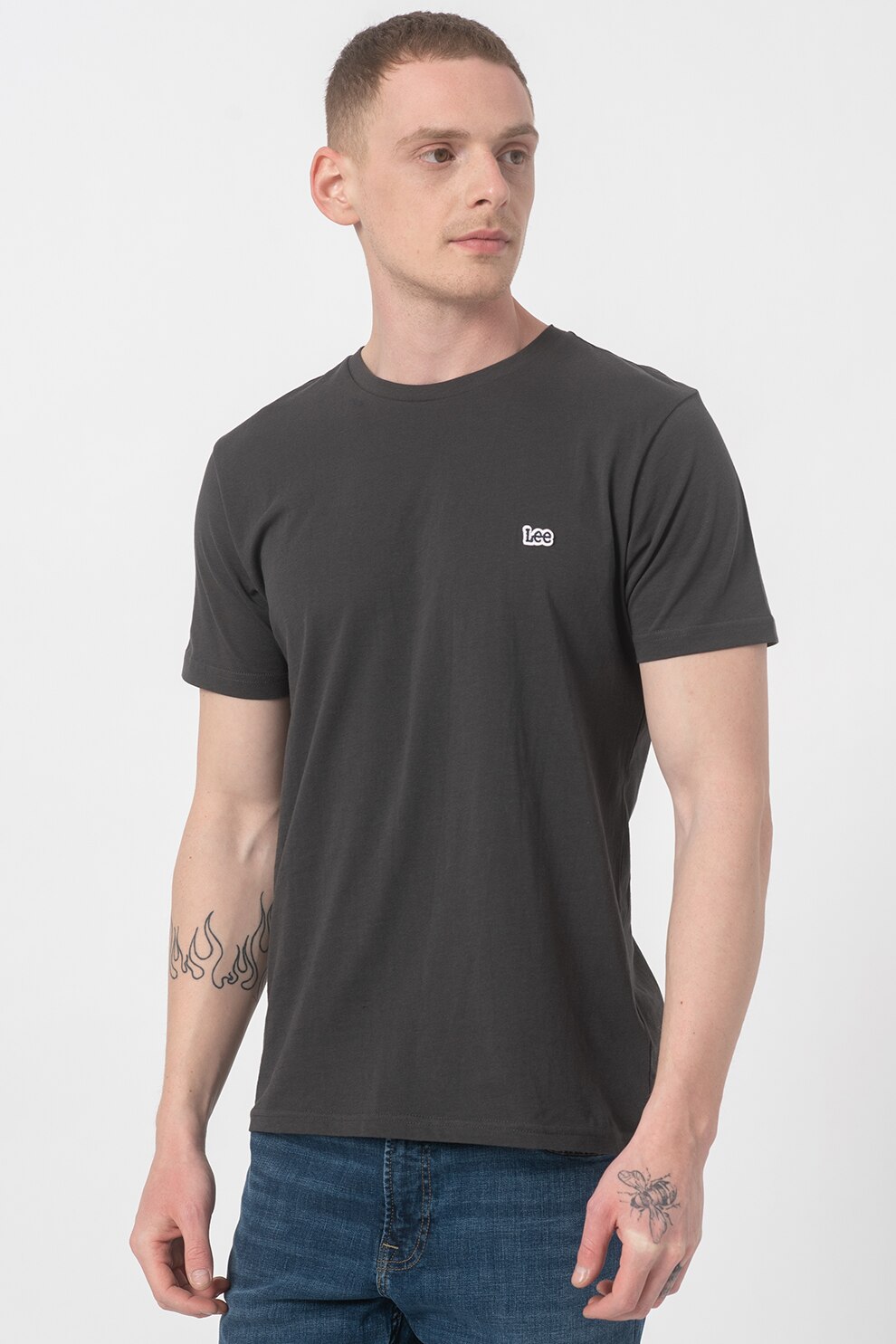 Lee, Tricou cu decolteu la baza gatului si detaliu logo brodat, Gri ...
